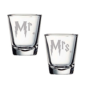 Harry Mr. and Mrs. Etched Shot Glass Set of TWO (By Brindle S. Designs) Potterhead Wedding Gift