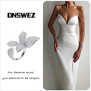 dnswez Silver Double Finger Ring, Statement Big Butterfly Open Adjustable Rings Silver Full CZ Flower Cocktail Rings Jewelry Gifts - Mothers Day Gifts (Light Gray, Adjustable)