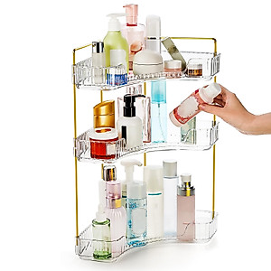 Cididu 3 Tiers Bathroom Counter Organizer, Clear Corner Shelf Storage Rack, Cosmetic Perfume Standing Holder with Gold Metal Pole, Skincare Sink Organizer for Vanity Countertop