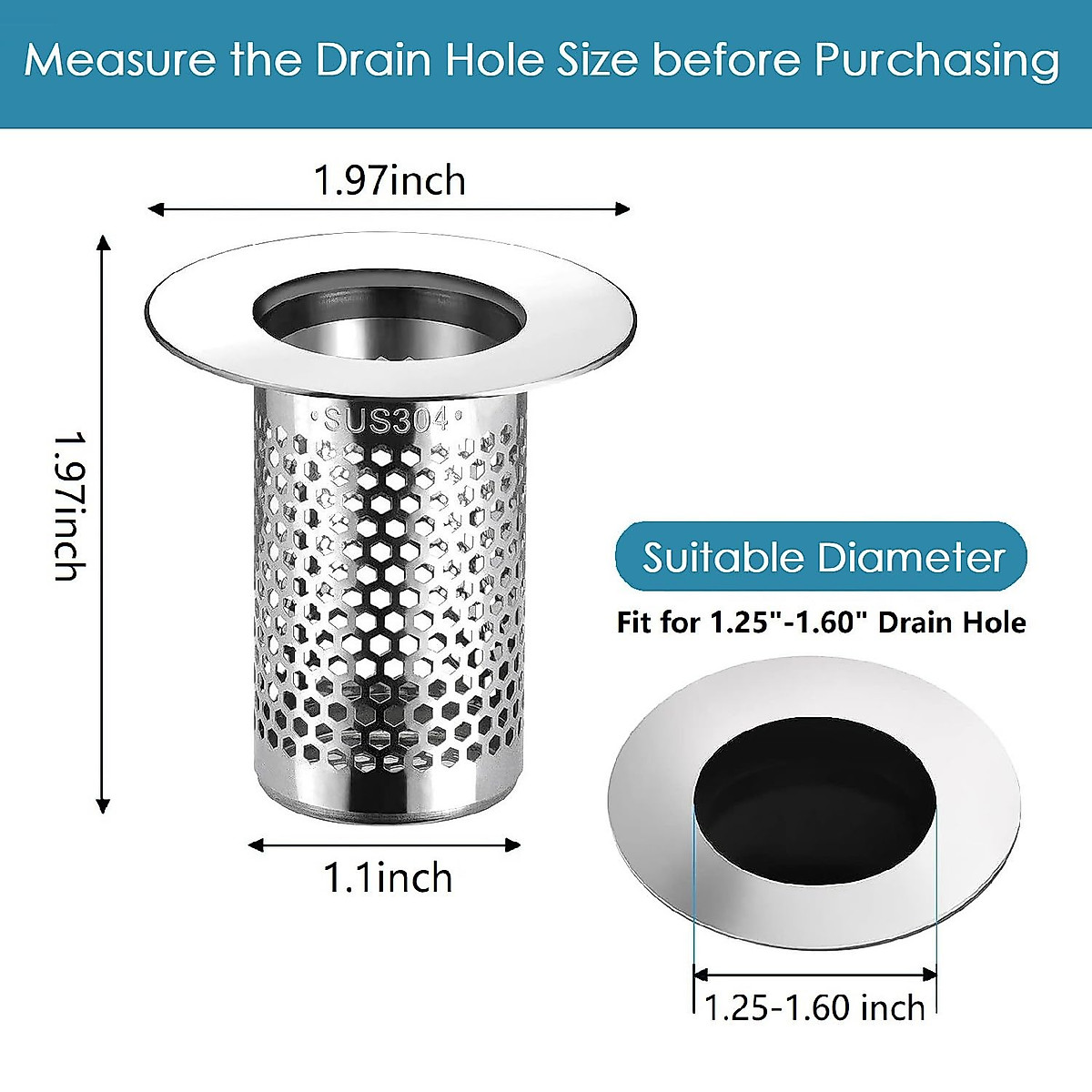 Bathroom Sink Strainer, Bathtub Lavatory Sink Drain Strainer Hair Catcher for Laundry Utility RV Sink, Stainless Steel Drain Cover. Fit Hole Size from 1.25"-1.60", Depth Than 1.97",3 Pack (1.1")