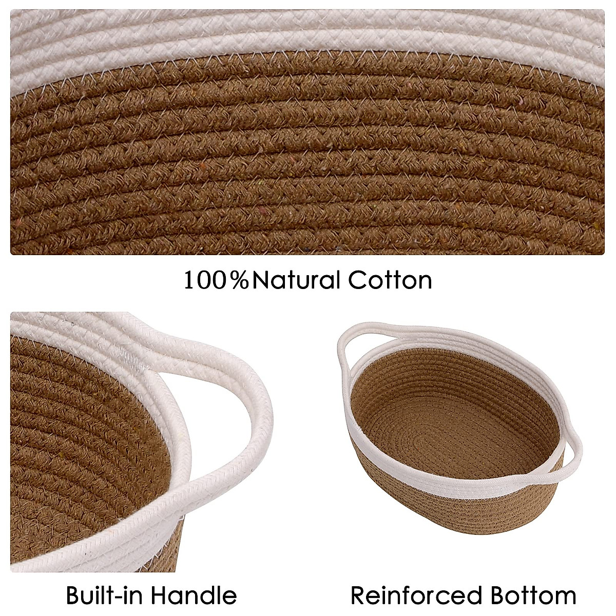 MJIAYWIN Small Woven Basket Cotton Rope Organizer Room Storage Bins Empty Gift Basket with Handles Cute Nursery Room for Home, Kids Playroom, Bedroom Brown 12"x 8" x 5"