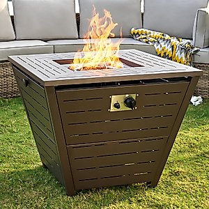 PaPaJet 32" Propane Fire Pit Table, 50,000 BTU Square Gas Firepit Table with Lid and Lava Rock, Great for Outdoor Garden Backyard Patio, Brown