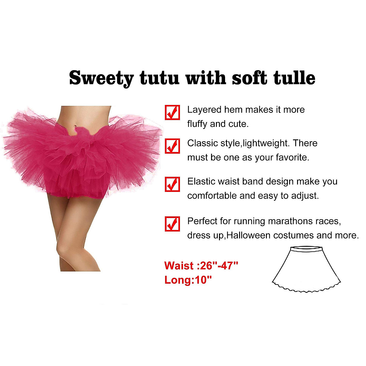Women's Vintage 5-layered Run Walk Little Princess Dash Event Tutu Skirt, Rose, One Size - Waist 26"-47"