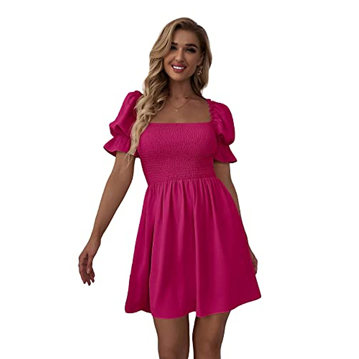 WDIRARA Women's Square Neck Flounce Short Sleeve Shirred Ruffle Hem Dress Hot Pink Solid L