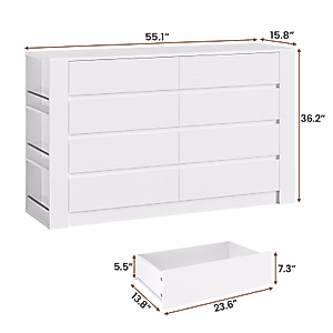 BTHFST White Dresser 8 Drawer Dresser, 55.1" White Chest of Drawers Dresser with Large Storage, Wood Dresser with 8 Drawers, Long Dressers & Chests of Drawers for Home Office, White