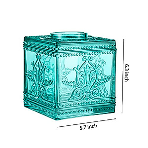 5PCs Teal Blue Glass Bathroom Accessories Set with Decorative Pressed Pattern - Includes Hand Soap Dispenser & Tumbler & Soap Dish & Toothbrush Holder & Tissue Box Holder (Teal Blue)