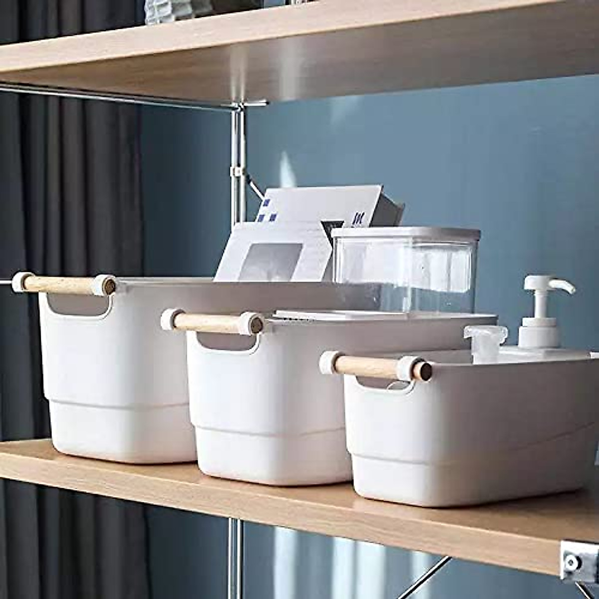 Storage Bins with Wood Handle, Sleek Design - White Matte Plastic Organizer Bucket Container for Pantry Shelf, Kitchen, Closet, Bathroom, Durable, Easy to Clean (WHITE, MEDIUM) (MEDIUM)