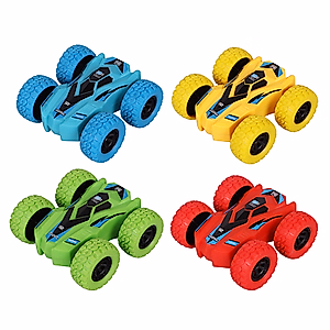 CLeternal Pull Back Cars, 4 Pack Monster Toys Truck Double-Sided Friction Powered Vehicles Flips Shockproof Inertia Cars Push and Go Vehicles for Kids Christmas Party Gift