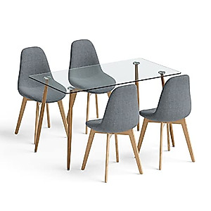 Tangkula 5 Pieces Dining Room Table Set, Modern Table & Chair Set for 5, 4 Grey Fabric Dining Chairs with Glass Dining Table for Small Living Room, Kitchen