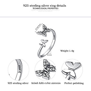 XOYOYZU 925 Sterling Silver Butterfly White Birthstone CZ Ring Expandable Open Rings Adjustable for Women Jewelry (Sterling silver ring)