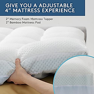 HYLEORY Dual Layer 4 Inch Memory Foam Mattress Topper Queen Size, Breathable & Medium Support, 2 Inch Cooling Gel Memory Foam & 2 Inch Bamboo Pillow Top Mattress Pad Cover for Back Pain