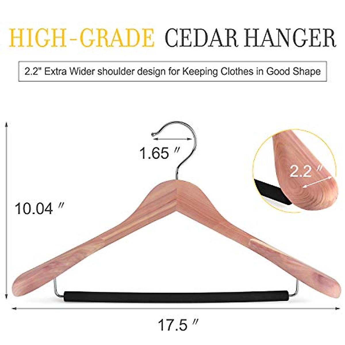 TOPIA HANGER Unfinished American Red Cedar Wood Coat Suit Hangers, Luxury Wooden Jacket Clothes Hangers, Wide Shoulder with Black Padded Pant Bar- 360°Flexible Hook, 4 Pack- Natural- CT07W