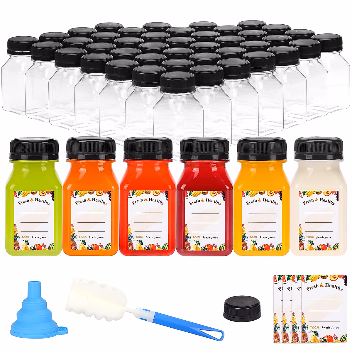 Moretoes 64pcs 4oz Plastic Juice Bottles with Caps, Mini Shot Bottles with Caps, 4 Oz Small Plastic Juice Containers with Lids and Label, Funnel and Brush, Reusable Plastic Bottles for Juicing