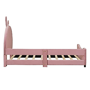 Twin Size Upholstered Daybed Bed Frame for Boys Girls Kids Toddler with Rabbit Ear Shaped Headboard, Pink