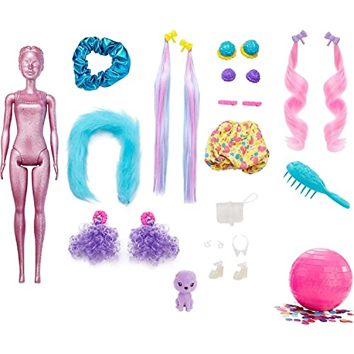 Barbie Color Reveal Glitter! Hair Swaps Doll, Glittery Pink with 25 Hairstyling & Party-Themed Surprises Including 10 Plug-in Hair Pieces, Gift for Kids 3 Years Old & Up