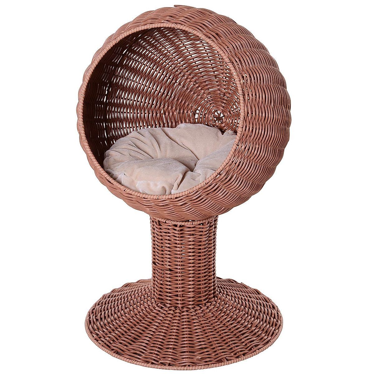 PawHut Elevated Cat Bed with Rotatable Egg Chair Pod, Cat Basket Bed with Thick Cushion, Natural Mat Grass Woven Kitty House, Brown