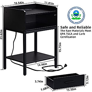 YAHARBO Nightstand with Charging Station and USB Ports, 3-Tier End Side Table with Storage Drawer and Shelf, Bedside Night Stand for Bedroom- Black