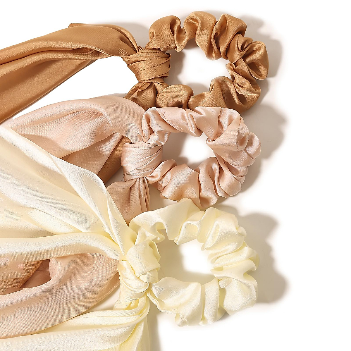 LFOUVRE 3PCS Hair Scarf Scruncheis for Women Knotted Bow Hair Ties Elastic Bands Satin Hair Ribbon Scrunchy Red Ponytail Holder for Women and Girls (Camel Apricot Ivory)