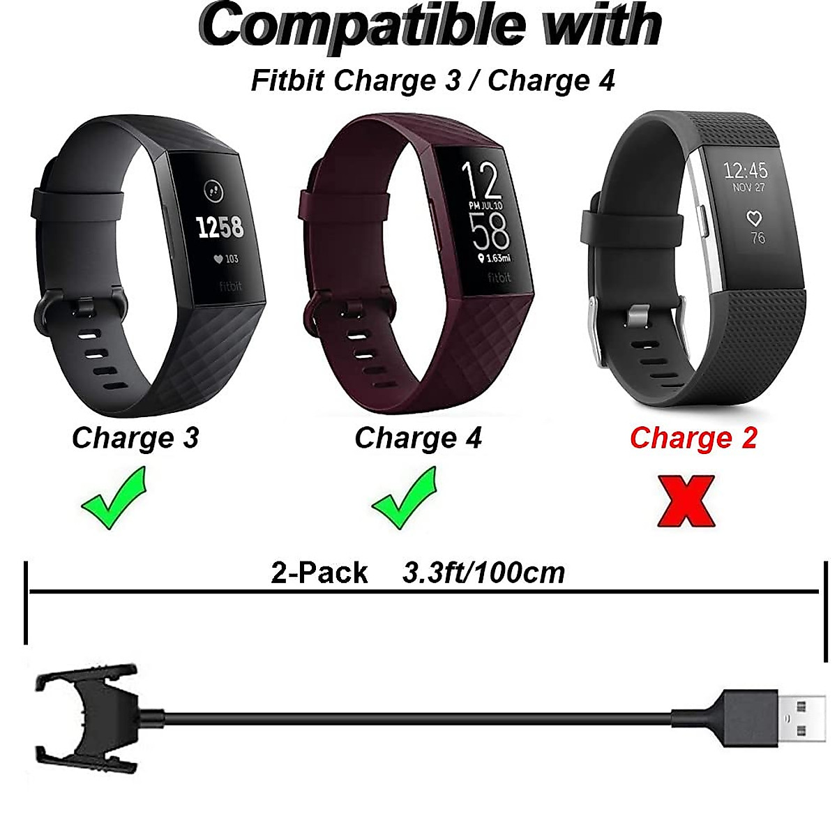 Charger for Fitbit Charge 3, Fitbit Charge 4, Replacement USB Charging Cable Clip Cord for Fitbit Charge 3/4 (2-Pack, 3.3ft)