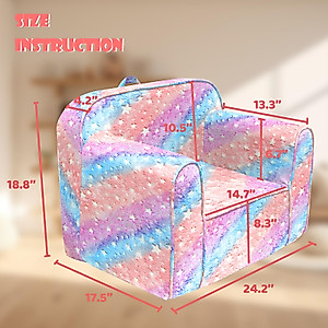 magic handle Kids Chair, Toddler Armchair with Foam, Glow in The Dark Kids Foam Sofa with Plush Removable Washable Cover Carrying Handle (Rainbow Pink)