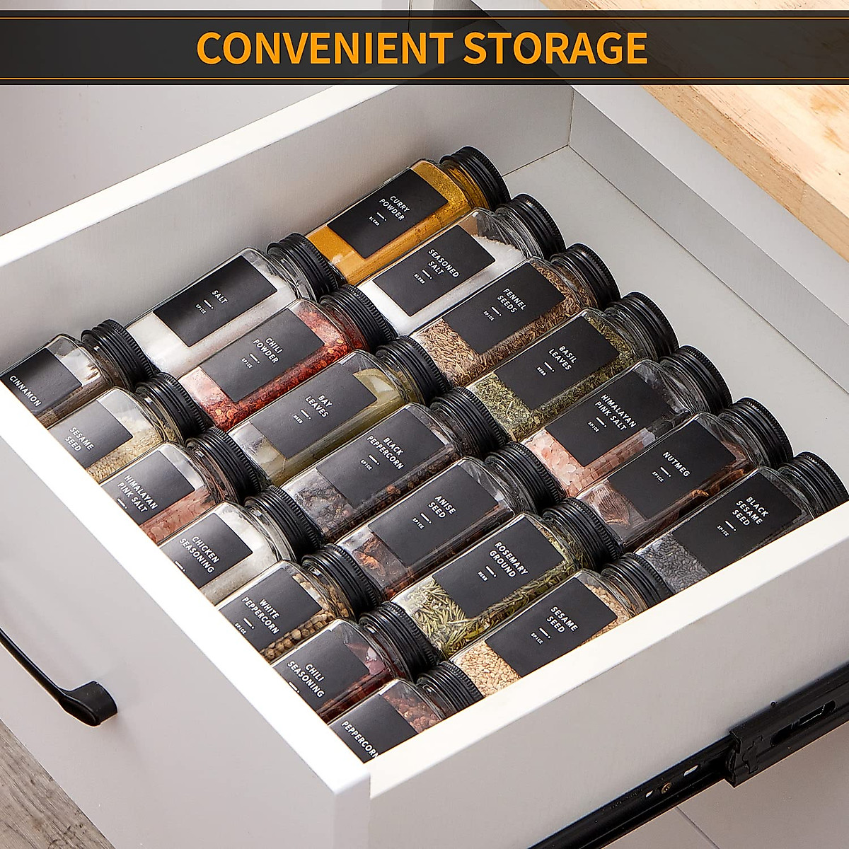 Skiileor 48 Pcs Spice Jars with Label- Glass Spice Jars with Black Metal Caps,Shaker Lids, Funnel, Chalk Pen, Brush,Cleaning Cloth 4oz Seasoning Containers Bottles for Spice Rack, Cabinet, Drawer