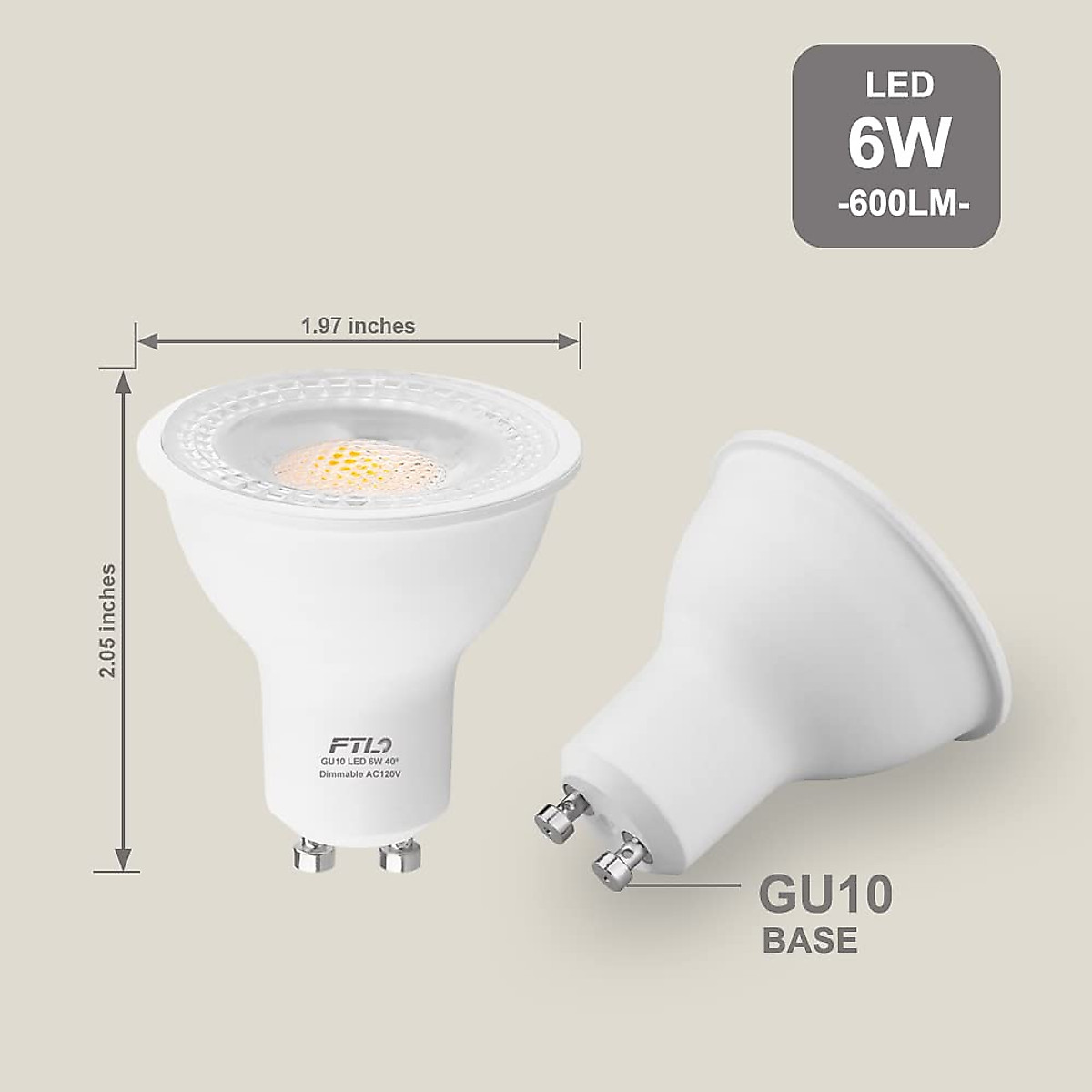 FTL GU10 LED Bulbs Dimmable 3000K Warm White 6W 600LM, 60W Halogen Replacement, 40 Degree Spot Track Light Bulbs, Recessed Ceiling Light Bulb, 6-Pack
