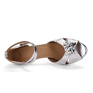 TDA Women's Flared Heel Comfort Peep Toe Silver Leather Salsa Tango Ballroom Latin Modern Dance Wedding Shoes 8.5 M US