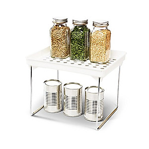 Madesmart Small Stackable Storage Shelf for Cabinets or Counters, Plastic Collapsible Cabinet Shelf for Home Organization, White