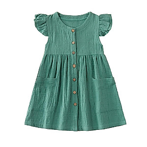 PATPAT Toddler Baby Girl Dress Summer Cotton Linen Dress Ruffle Sleeveless Casual Boho Outfits 5-6 Years Turquoise