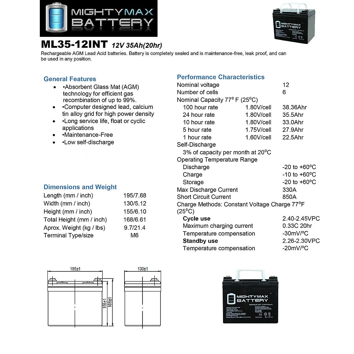 Mighty Max Battery 12V 35AH INT Replacement Battery for DURDC12-35J - 2 Pack