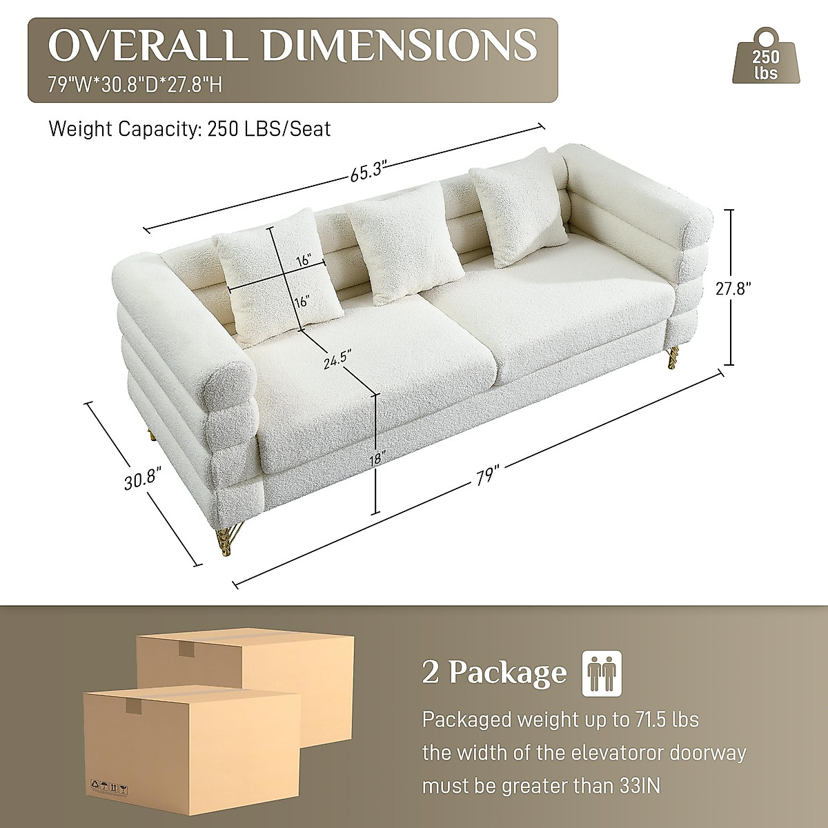 OUYESSIR Cloud Sofa Couch for Living Room, 79" Comfy Deep Seat Boucle Sherpa Sofa with 3 Pillows and Gold Legs, Modern Upholstered 3 Seater Large Loveseat for Bedroom Office, Beige White Teddy