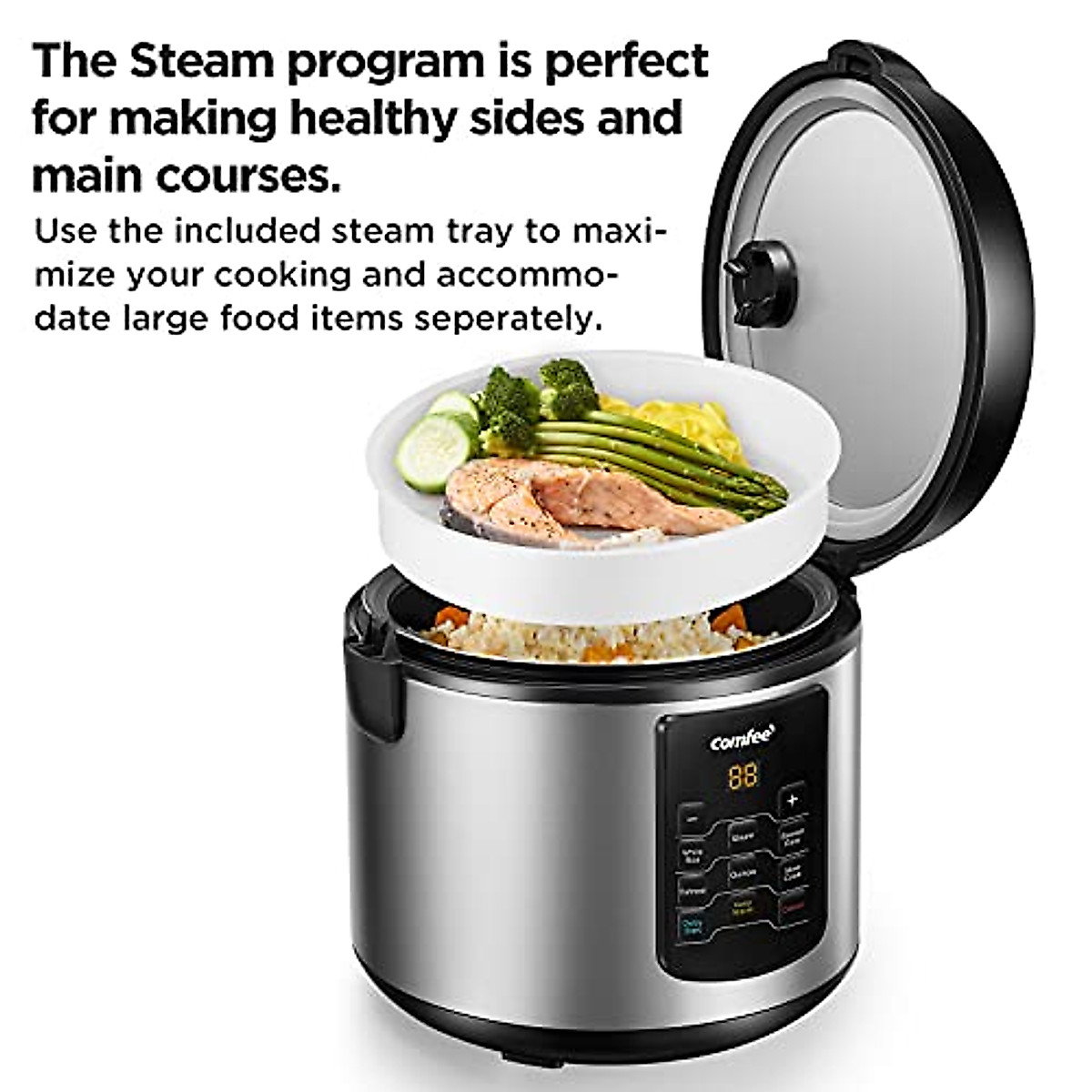 COMFEE' Rice Cooker, 6-in-1 Stainless Steel Multi Cooker, Slow Cooker, Steamer, Saute, and Warmer, 2 QT, 8 Cups Cooked(4 Cups Uncooked), Brown Rice, Quinoa and Oatmeal, 6 One-Touch Programs