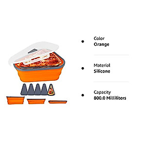 Pizza Pack Storage Containers Expandable Collapsible, Silicone Pizza Box with 5 Microwavable Serving Trays, Pizza Storage Containers for Travel Hiking Camping, Microwave and Dishwasher Safe (Orange)