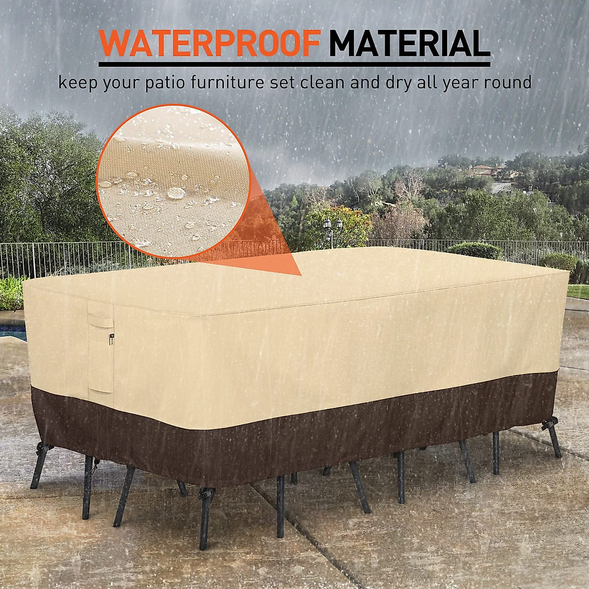 Arcedo Waterproof Patio Furniture Set Cover, Rectangular Dining Table and Chairs Cover, Heavy Duty Outdoor Furniture Cover for Sectional Conversation Set, 88'' x 62'' x 28''H, Beige & Brown
