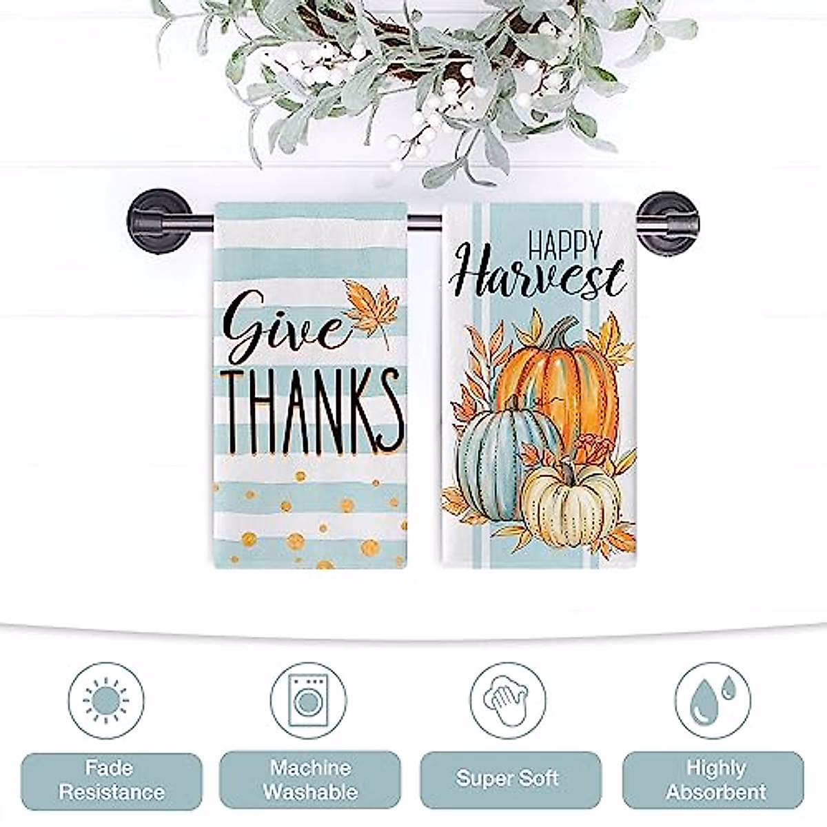 Seliem Thanksgiving Give Thanks Fall Kitchen Dish Towels Set of 2, Happy Harvest Autumn Pumpkin Hand Towels Drying Baking Cooking Cloth, Maple Leaves Stripes Farmhouse Home Kitchen Decor 18x26 Inch