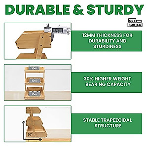 GET SORTED Bamboo Fruit Basket 3 Tier — 33+ Lbs Capacity, 12mm Thickness, Raised Bottom & 2 Hooks — Ideal for Bread, Toiletries, Snacks, Seasonings - Fruit Bowl for Kitchen Counter, Dining Table, etc