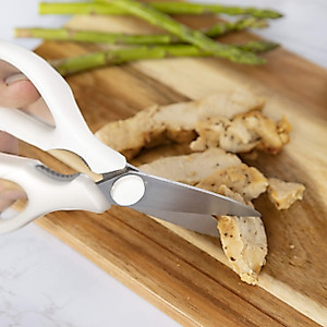 Rae Dunn Kitchen Scissors- Stainless Steel Kitchen Shears, Cooking Scissors for Cutting Meat, Chicken, Herbs and Produce with Blade Cover and Soft Grip Handles(White)