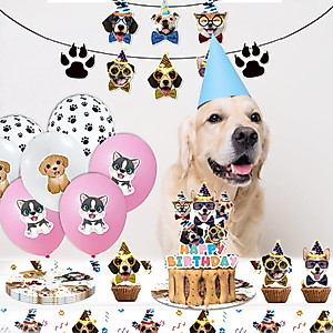 Juhap Dog Birthday Party Supplies, Puppy Birthday Party Decorations for Kids Includes Plates, Napkins, Table Covers, Cake Toppers, Balloons, Dog Banners, Swirls for Baby Shower Theme Party Decorations