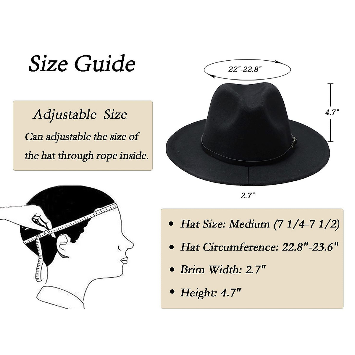 Eohak Womens Belt-Buckle-Panama-Hat Wool Womens Wide Brim Fedora Hat (S-M) Black