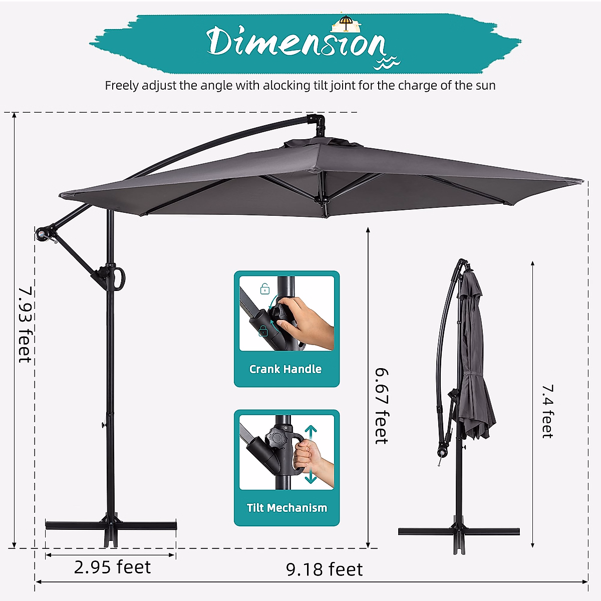 Shintenchi Patio Offset Umbrella with Easy Tilt Adjustment,Crank and Cross Base, Outdoor Cantilever Hanging Umbrella, Sunshade Umbrella Canopy, Dark Gray