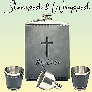 Holy Water Flask Gift With 2 Cups. 8 Oz Hip Funny Flask, Stainless Steel & Stamped Leather Wrapped Style With Gift Box. ChristmasGift For Men, Dad, brother or Groom. (Holy Water)