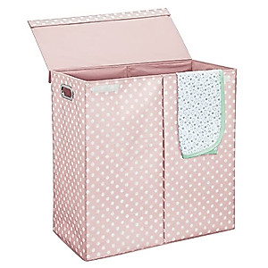 mDesign Extra Large Upright Double Laundry Hamper Basket with Hinged Lid and Handles - Portable and Foldable for Compact Storage in Baby Nursery, Kid Bedroom, Playroom - Pink/White Polka Dots