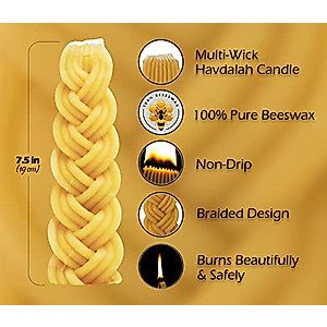 Ner Mitzvah Braided Beeswax Havdalah Candle - Wide Rounded Chevron Braid - 7" Hand Dipped Bees Wax Braided Candle - Shabbat Judaica Gift