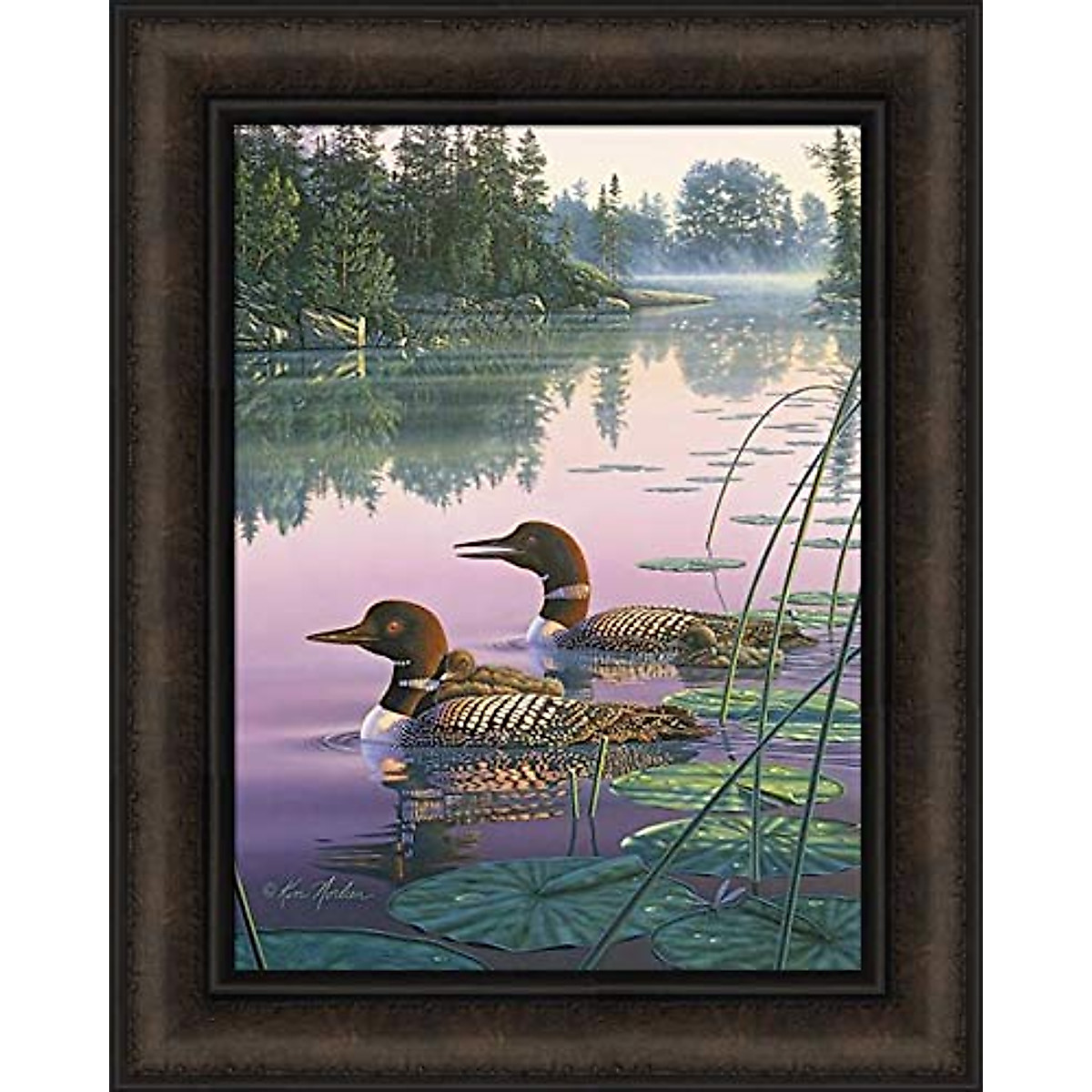 Home Cabin Décor 'Northern Splendor' by Kim Norlien 16x20 Loons Pair Baby Lake Swimming Birds Framed Art Print Picture