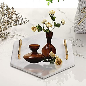 STONES N CRAFTS White Marble Bathroom Organizer, Also Used as Marble Serving Tray, Jewelry Dish Tray, Kitchen Island Décor with Brass Bent Handles, Unique Housewarming Gift for New Apartment