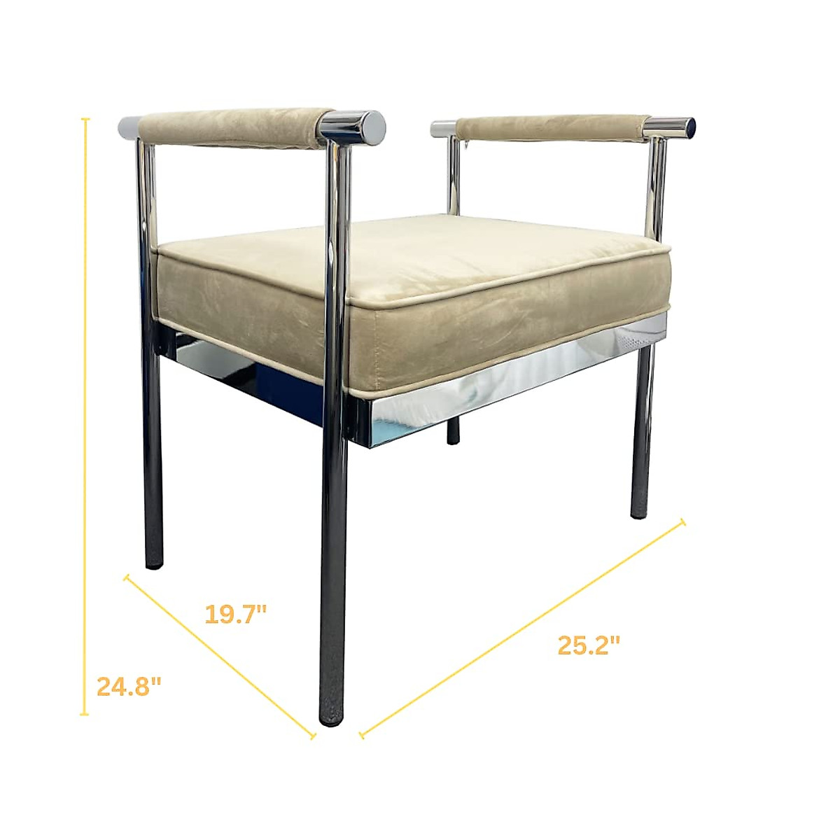 First of a Kind Modern champagne Seating Bench with arms, Modern Style Velvet upholstered Entry Way champagne Bench with Silver Frame, Seating Bench for Living Room, entryway, Bedroom, Vanity, Office.