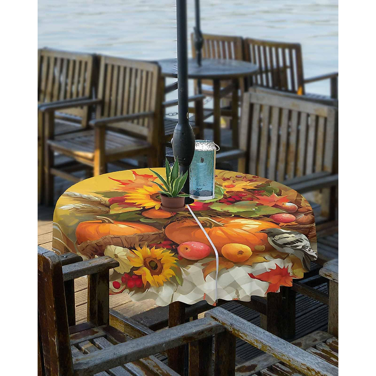 Huotupsine Fall Thanksgiving Outdoor Tablecloth - 60 Inch Round Dining Table Cover, Pumpkins Birds Sunflower Oil Painting Waterproof Outdoor Table Cloth with Umbrella Hole & Zipper for Picnic/Patio