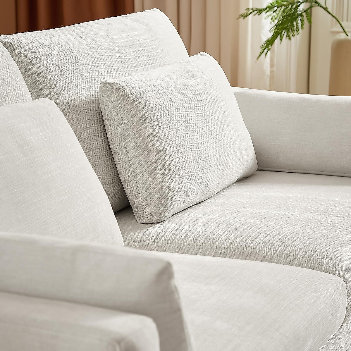 ONBRILL Slipcovered Sofa, 84" Modern Couch with Accent Pillows, 3 Seater Chenille Couch with Sloped Arm, Pocket Springs Seat Cushion, Washable Slipcover, Comfy Couch for Living Room, Apartment, White