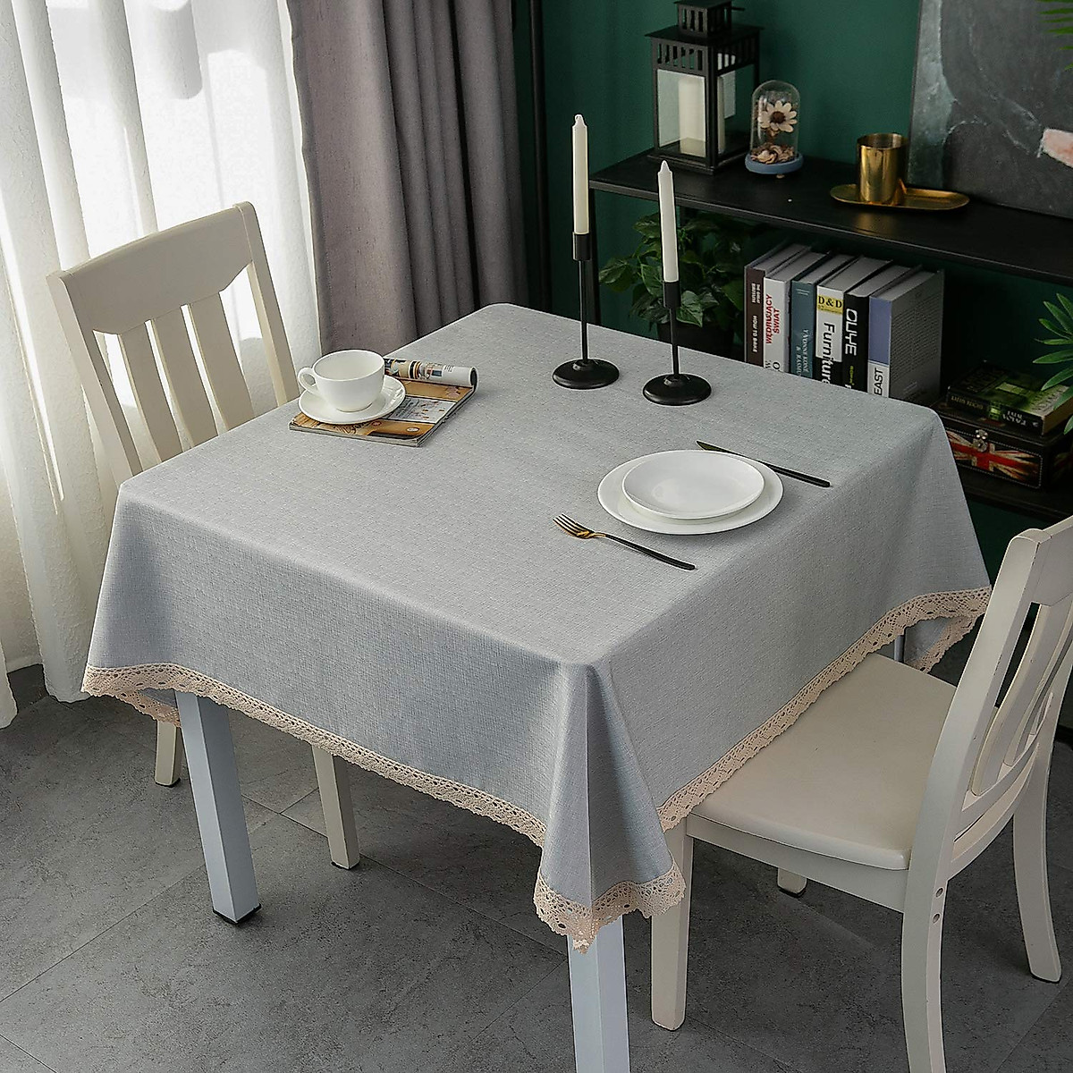 EHouseHome Faux Linen Tablecloth with Lace Trim - Waterproof/Spill Proof/Stain Resistant/Wrinkle Free/Oil Proof - for Banquet, Parties,Dinner,Kitchen,Wedding,Holiday,Silver Grey Square 70X70Inch