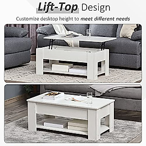 HOMCOM 39" Lift Top Coffee Table with Hidden Storage Compartment and Open Shelf, Pop Up Coffee Table for Living Room, White